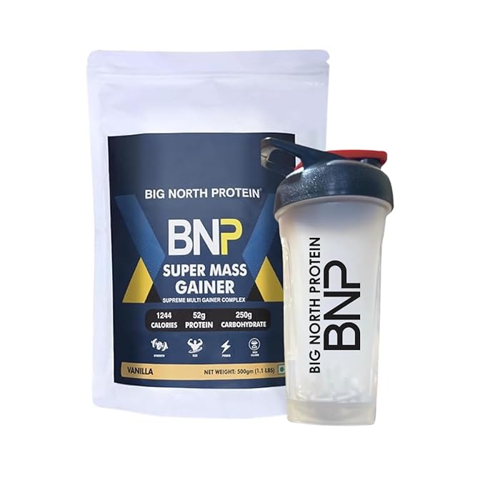 Super Mass Gainer, 52g Protein, 250g Carbohydrate, 1244 Calories, (500Grams) (Vanilla) With Free ...