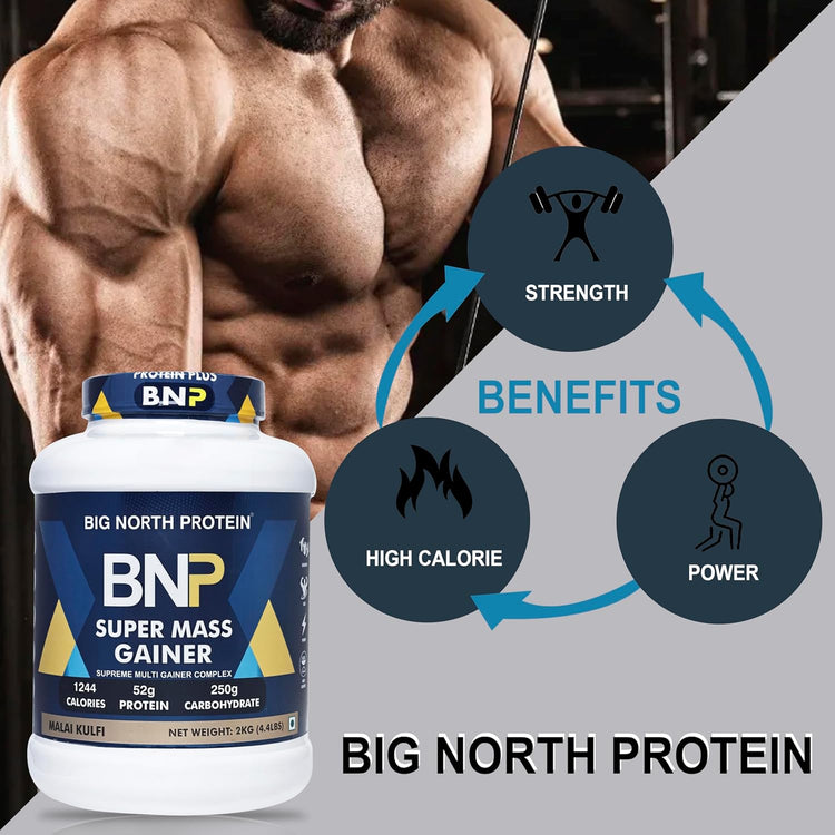 BNP Protein Super Mass Gainer, MALAI KULFI Flavor, 2kg (52g Protein, 250g Carbohydrate, 1244 ...